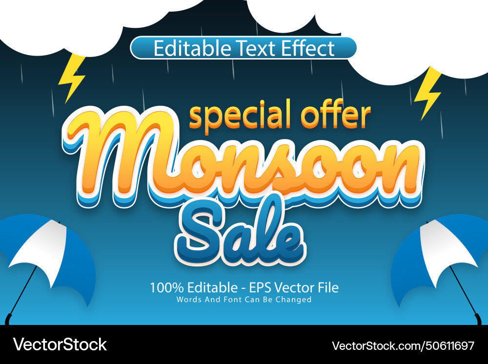 Special offer monsoon sale editable text effect 3 Vector Image