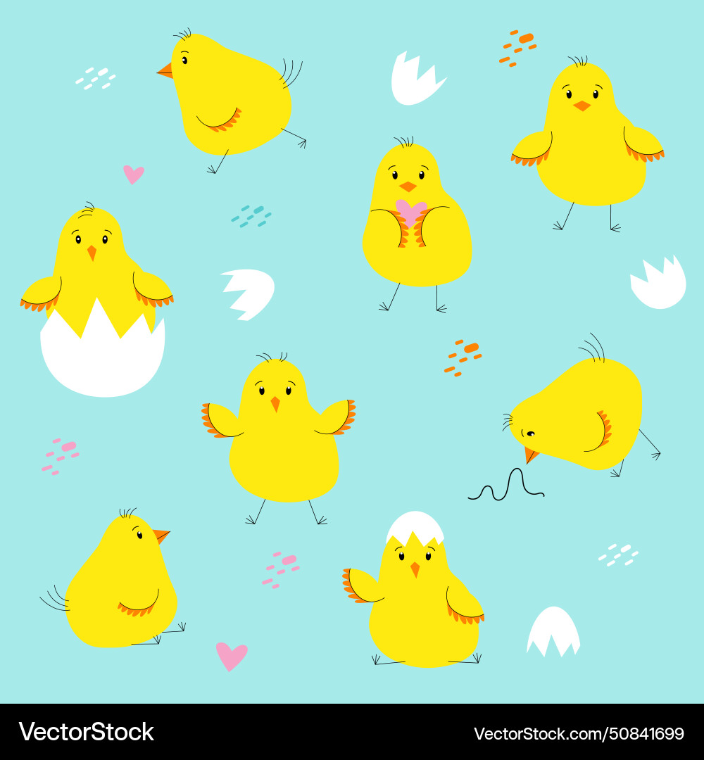 Chick hatched from an egg in poses set Royalty Free Vector