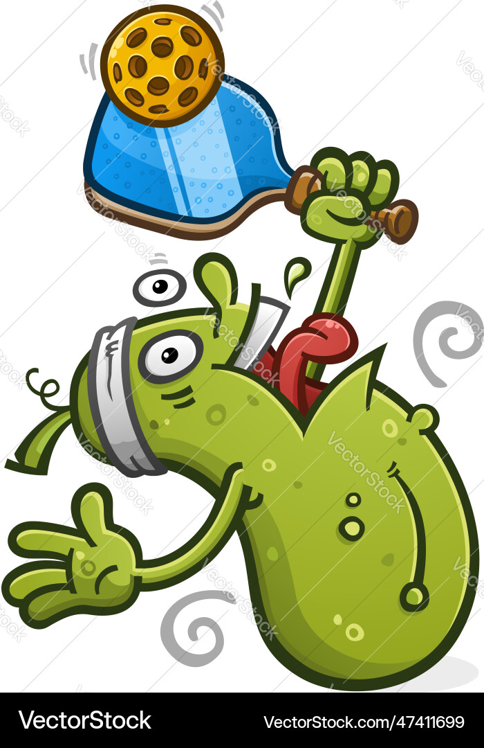 Crazy pickle cartoon character playing pickleball Vector Image