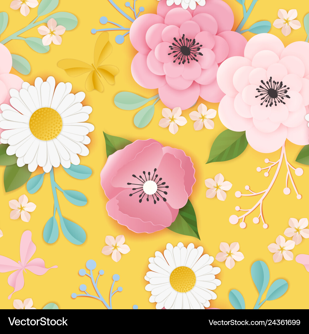 Paper cut flowers seamless pattern spring floral Vector Image