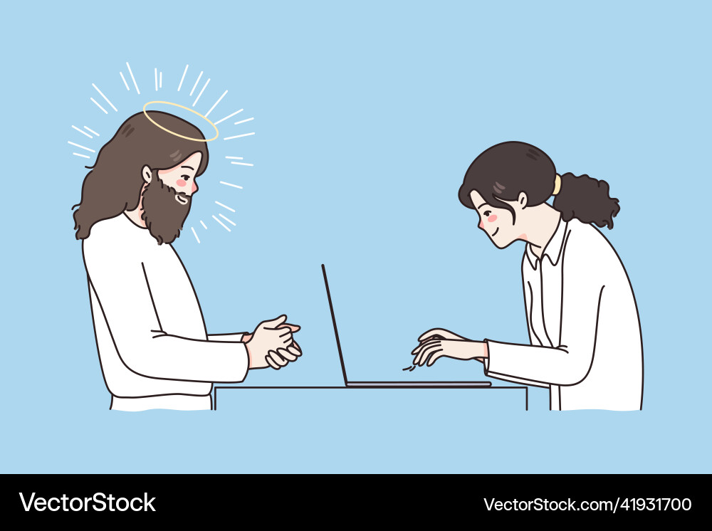Jesus watch woman working on computer Royalty Free Vector