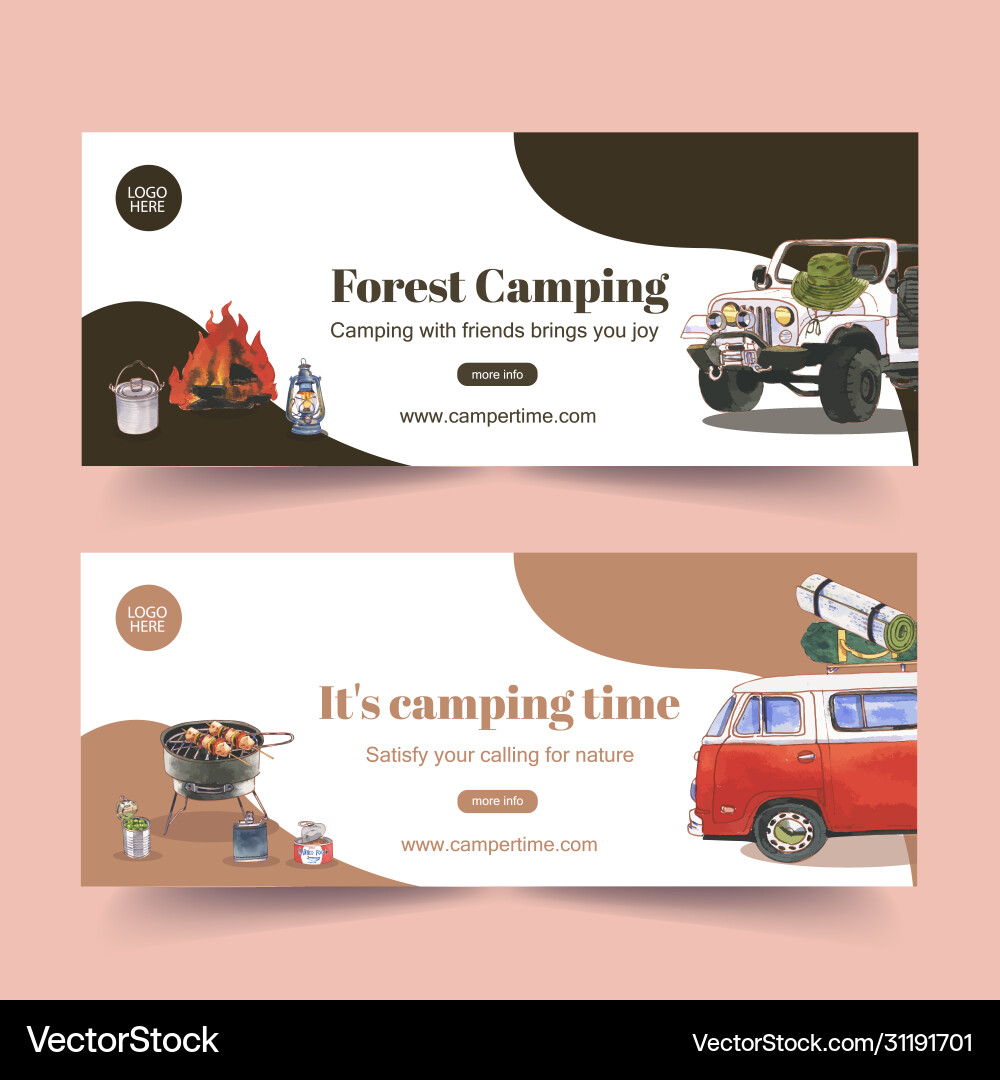 Camping banner design with car lantern campfire Vector Image