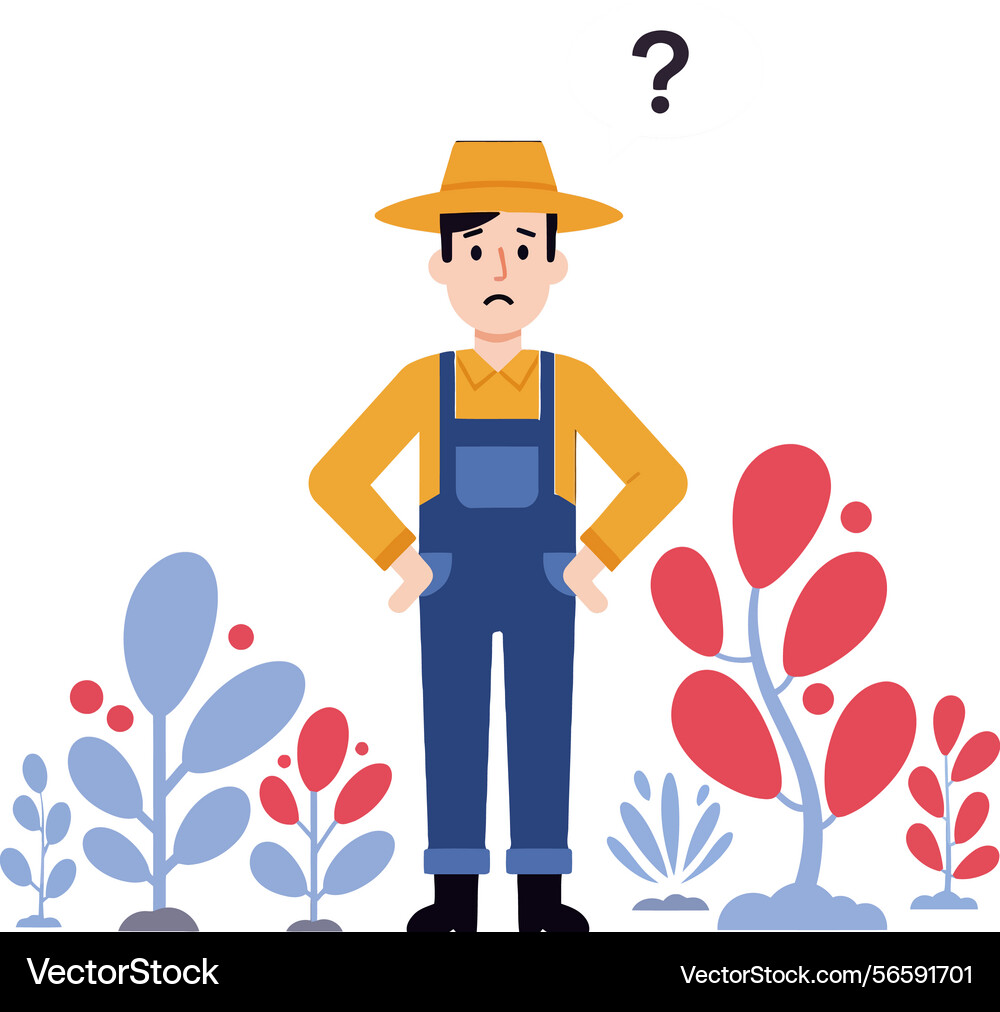 Confused farmer standing among red and blue Vector Image