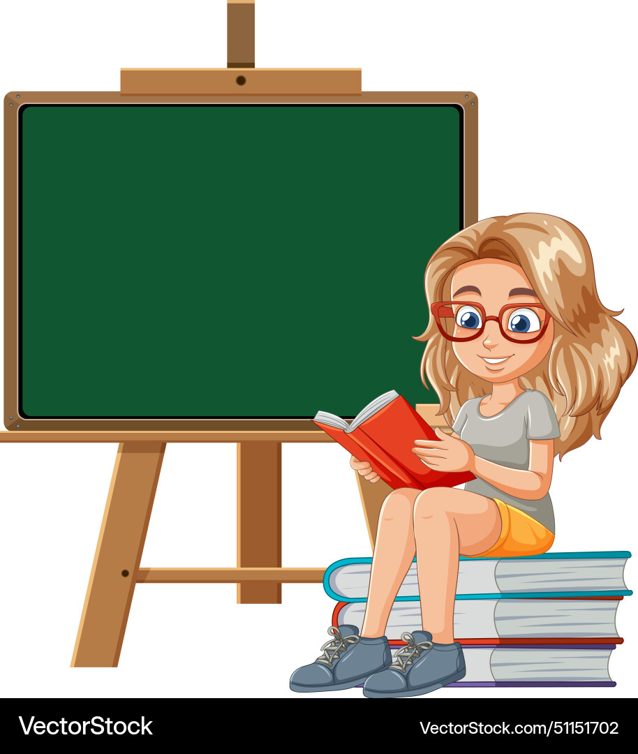 Cartoon girl reading book by empty chalkboard Vector Image