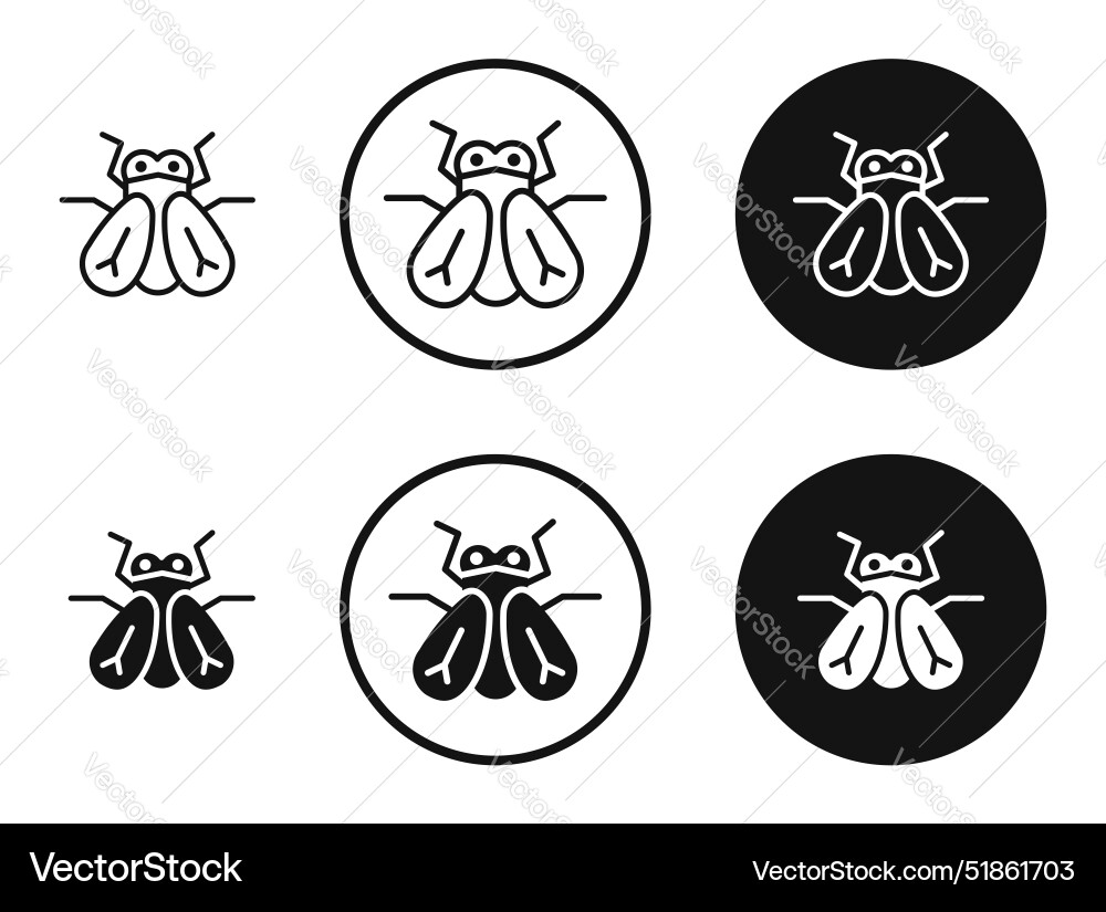 Fly insect icon set in black and white outlines Vector Image