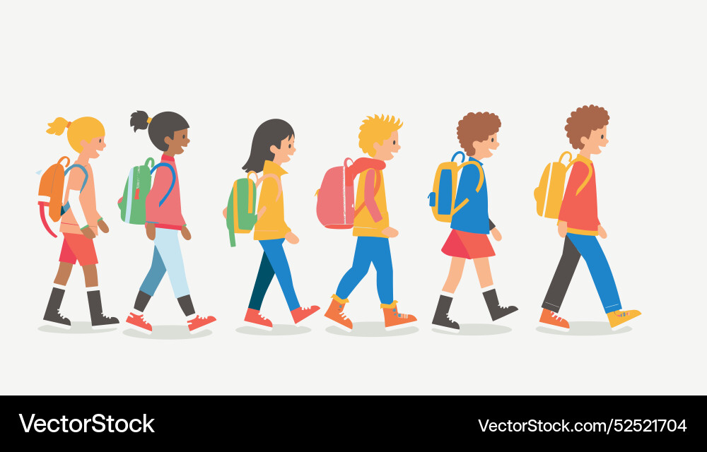 School children walking outdoor trip teamwork Vector Image