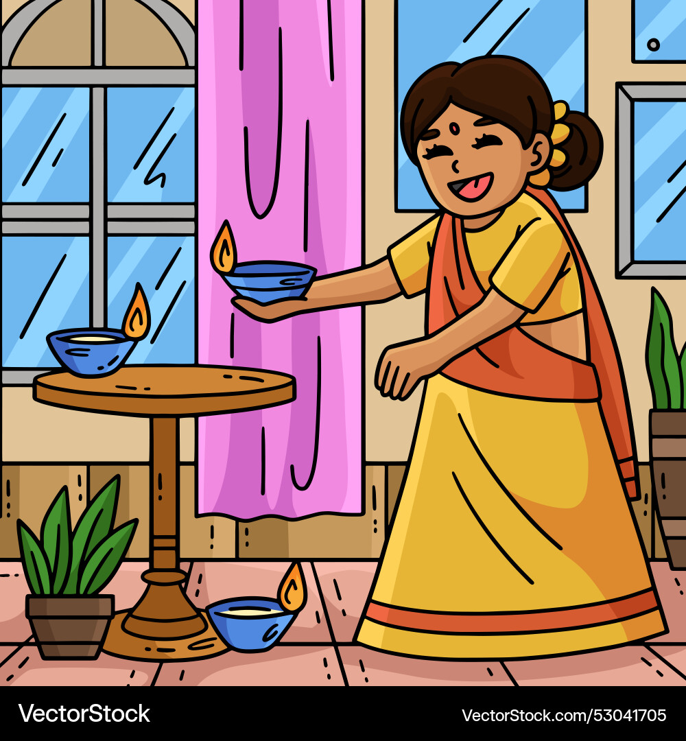 Diwali child setting candle colored cartoon Vector Image