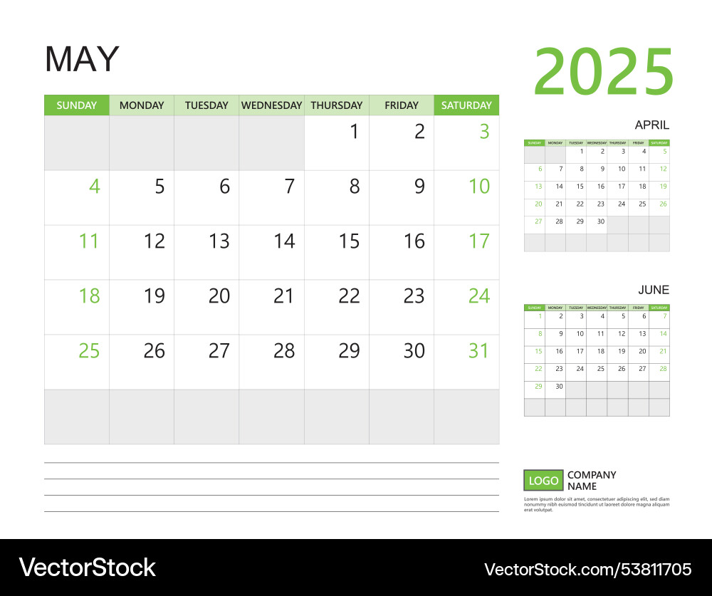May 2025 year calendar planner template Royalty Free Vector
