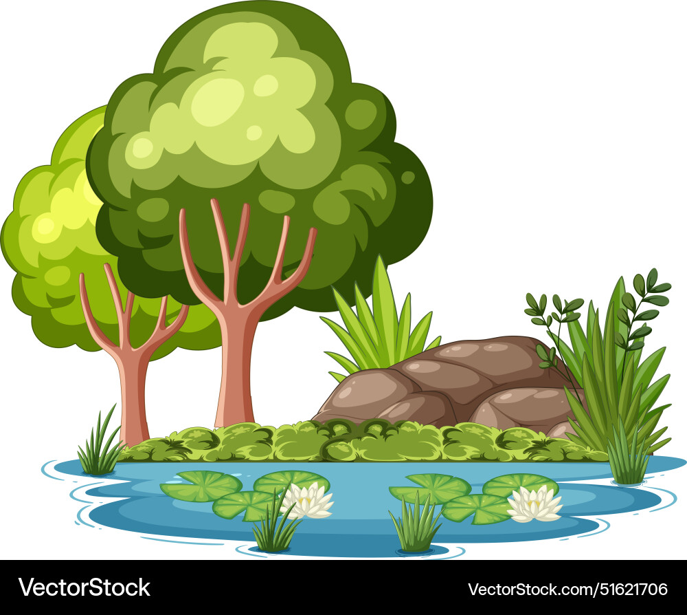 Peaceful pond surrounded by trees and rocks Vector Image