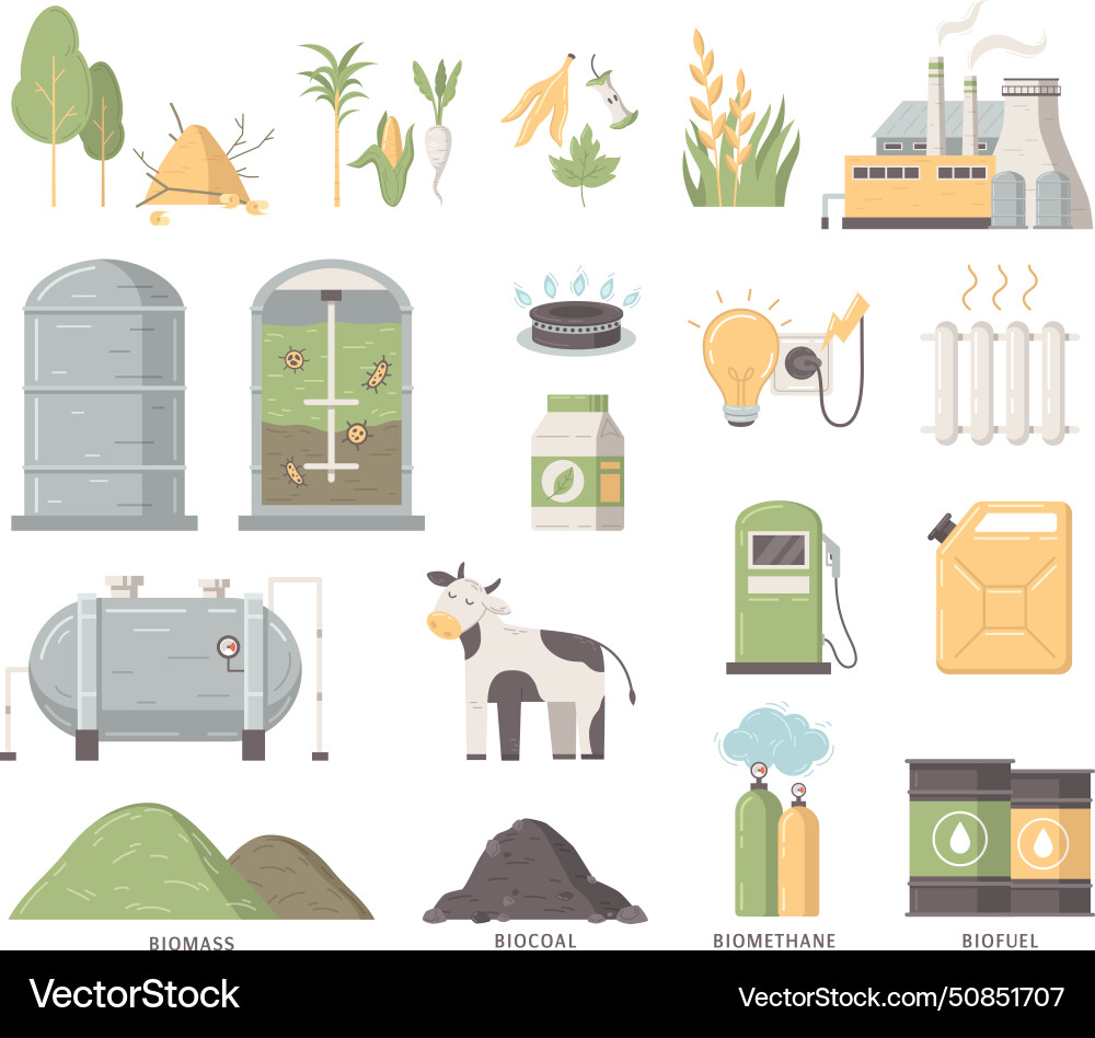 Biofuel production flat set Royalty Free Vector Image