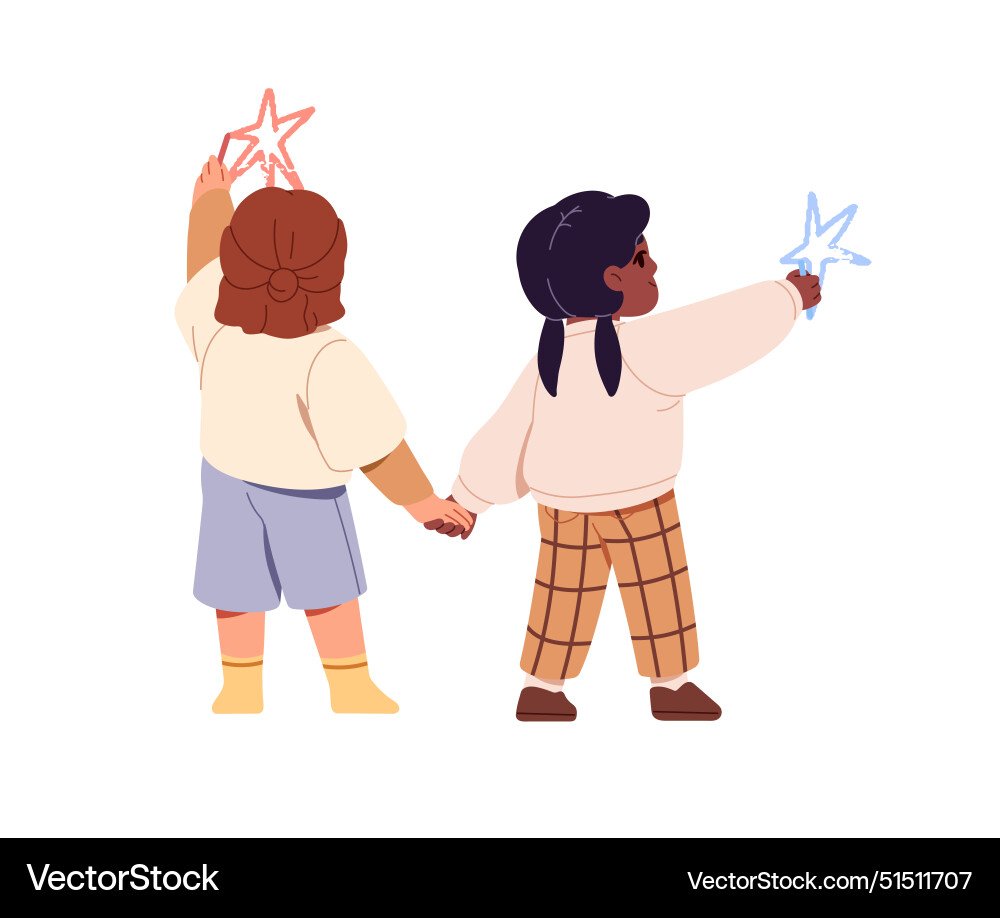 Cute kids drawing stars on wall with chalks back Vector Image