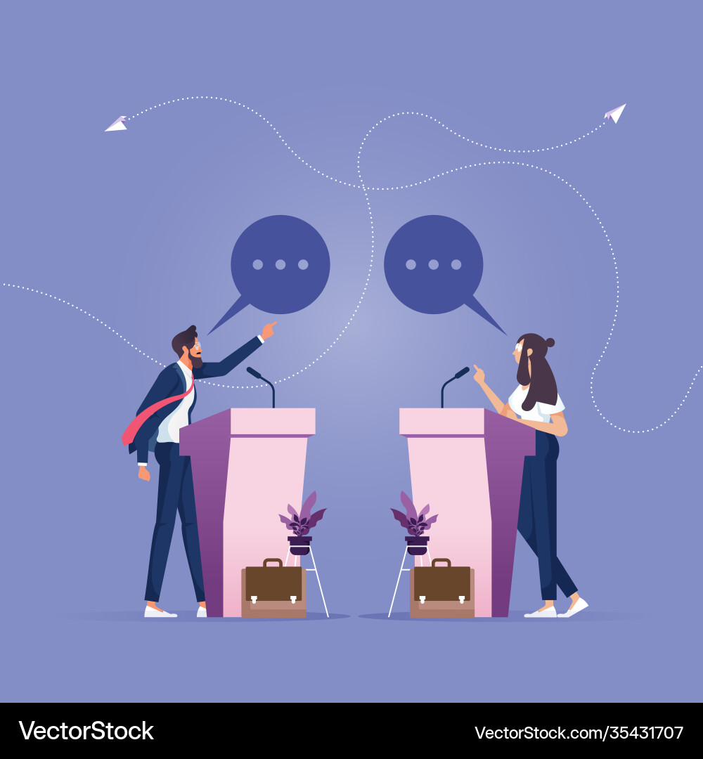 Open debates-two business people debate on stage Vector Image