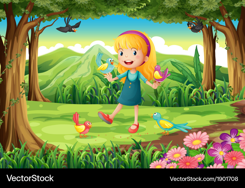 A young girl at the forest with birds Royalty Free Vector