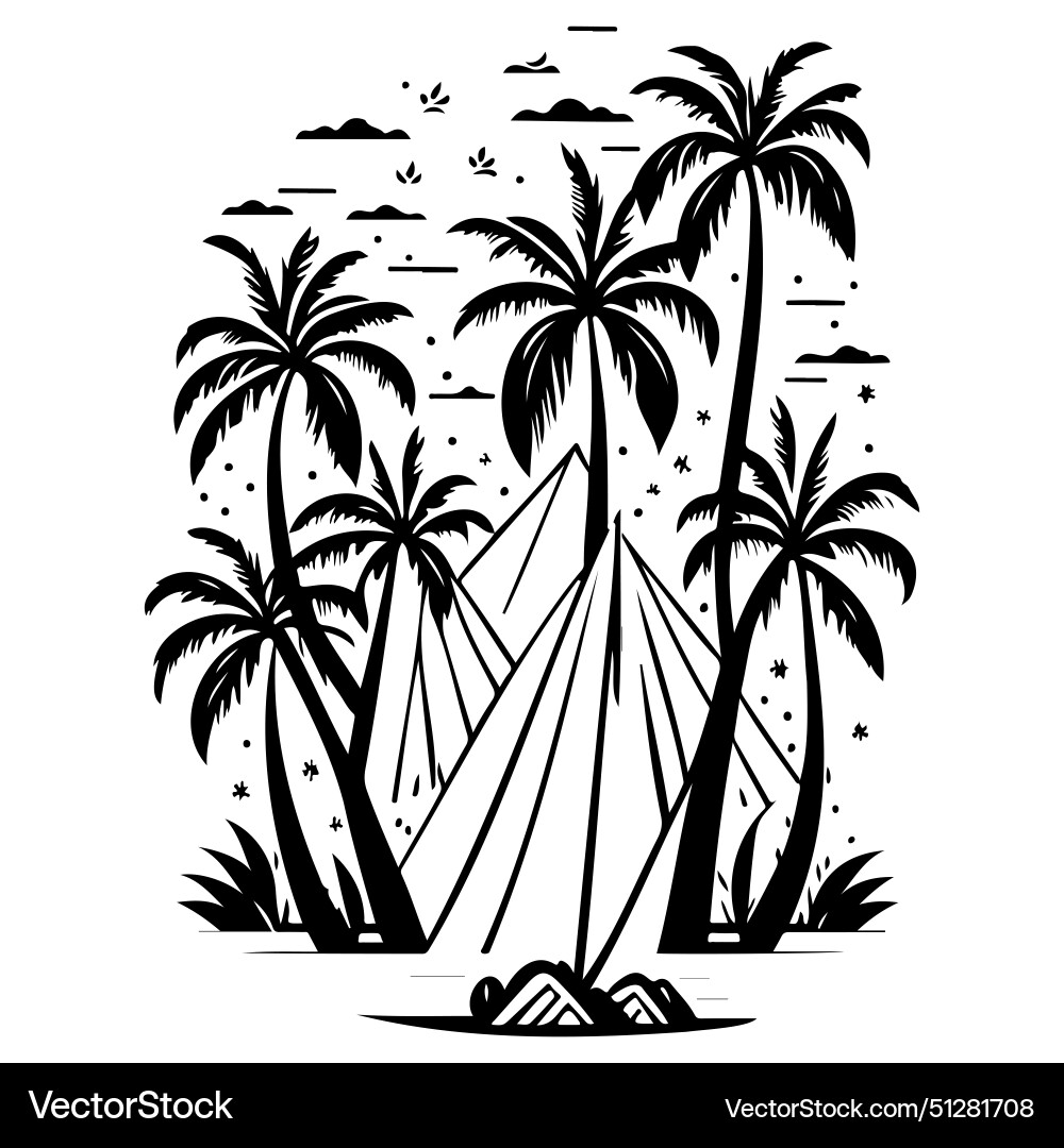 Sail and palm tree sketch Royalty Free Vector Image