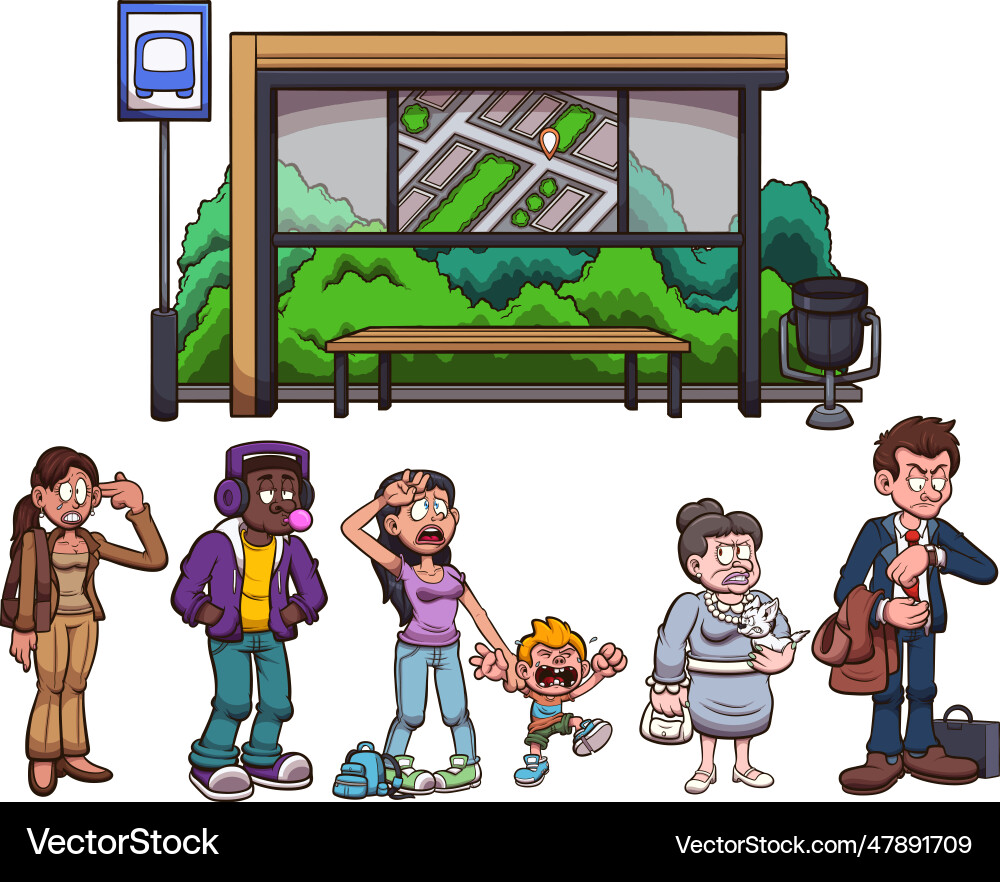 Cartoon people waiting in line for bus Royalty Free Vector