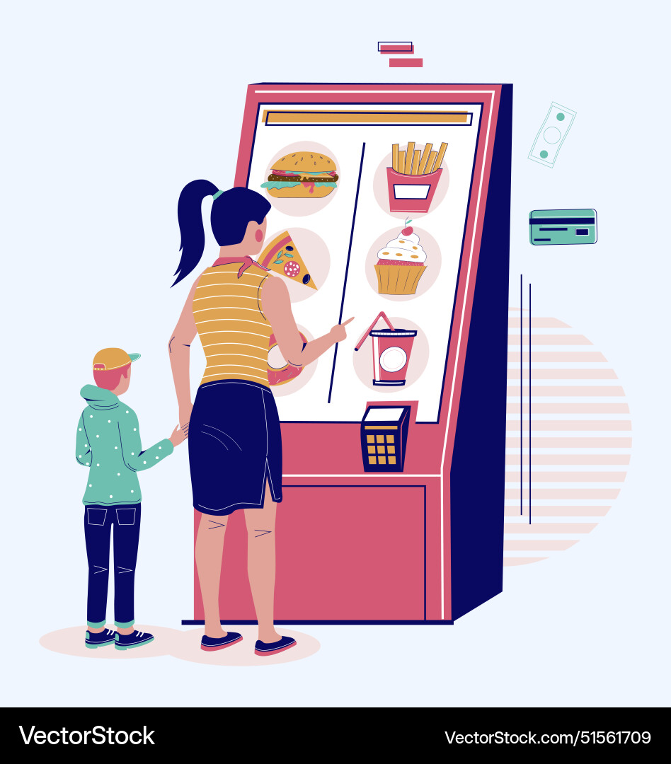 Mother and child ordering food using interactive Vector Image