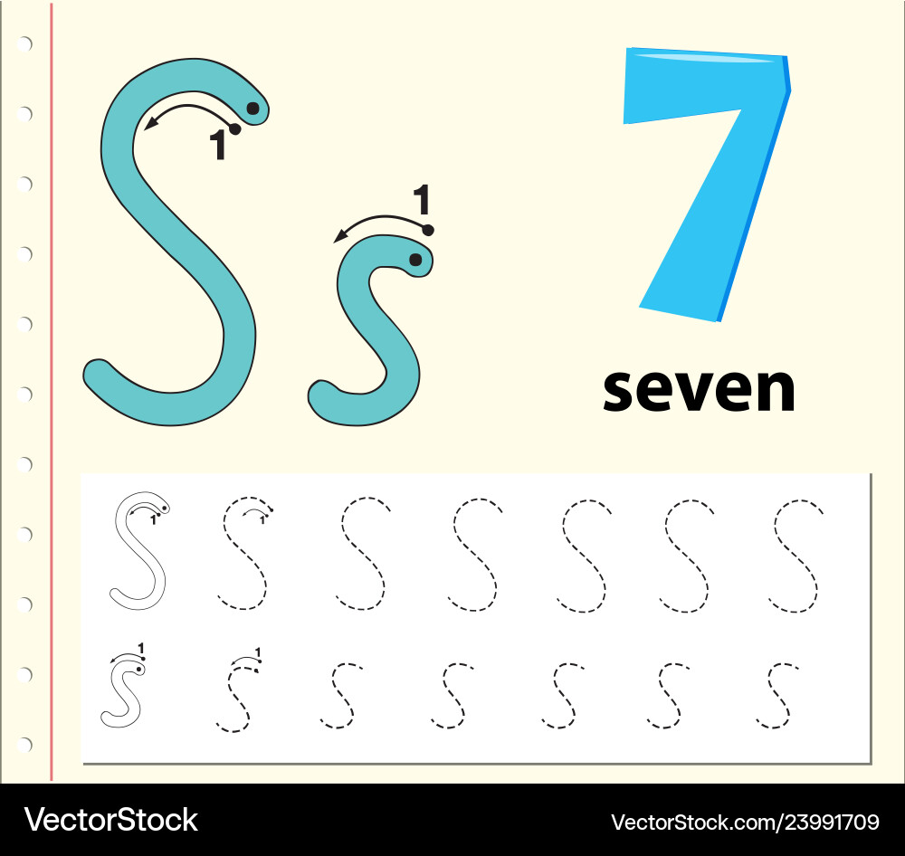 Number seven tracing worksheets Royalty Free Vector Image
