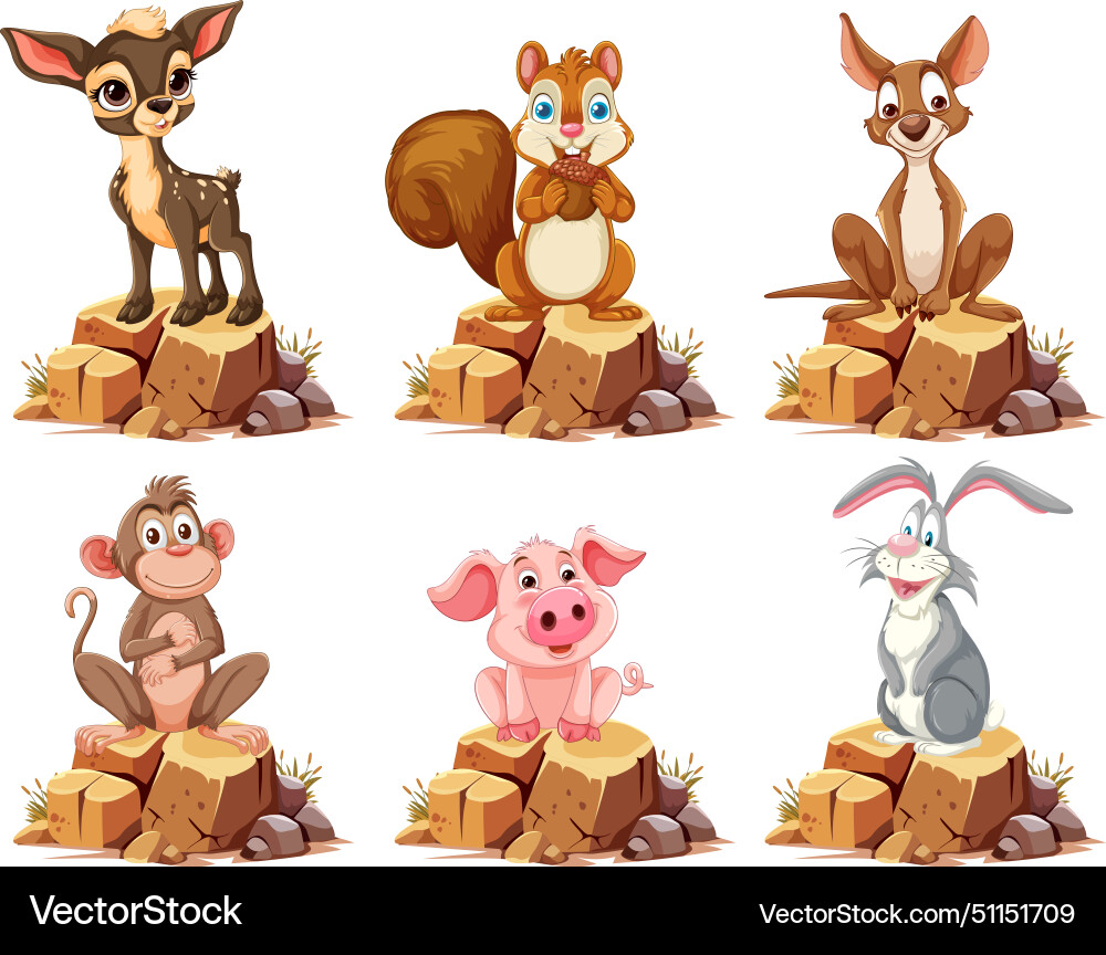 Six animated animals sitting on tree stumps Vector Image