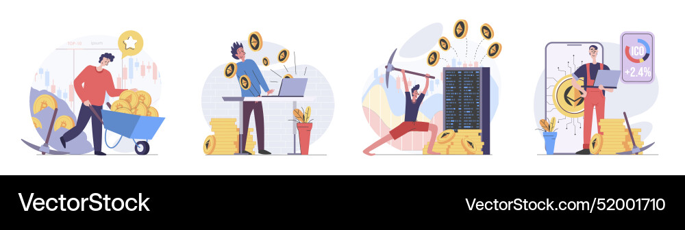 Cryptocurrency mining concept with people scenes Vector Image