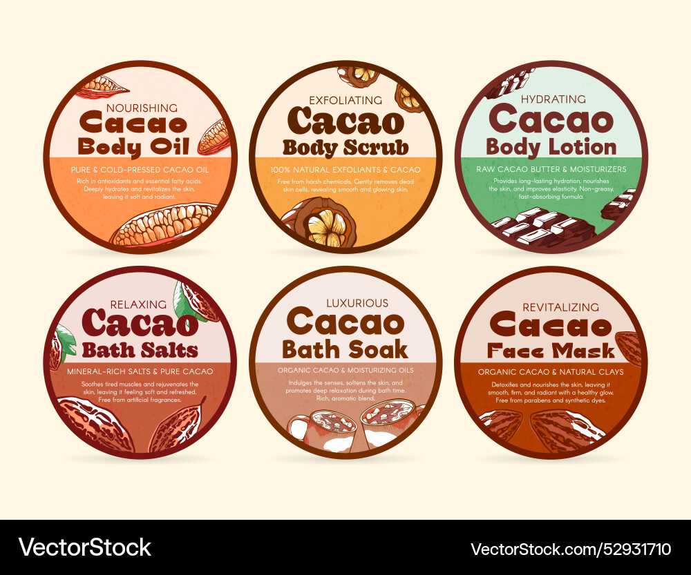 Labels showcasing natural cocoa-based body care Vector Image