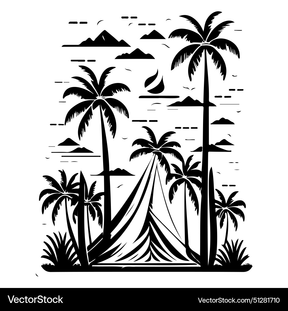 Sail and palm tree sketch Royalty Free Vector Image