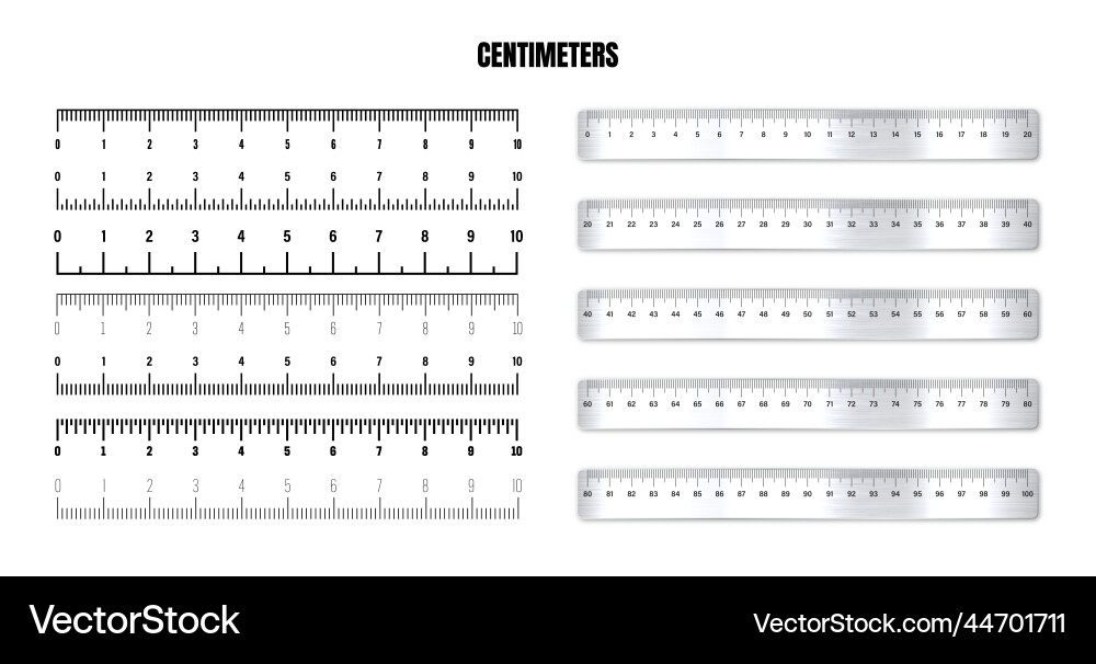 Realistic metal rulers with black centimeter scale