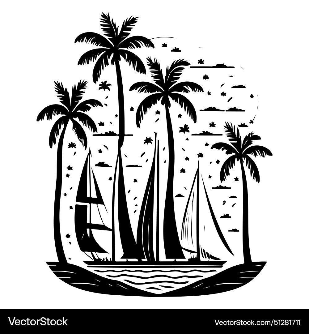 Sail and palm tree sketch Royalty Free Vector Image