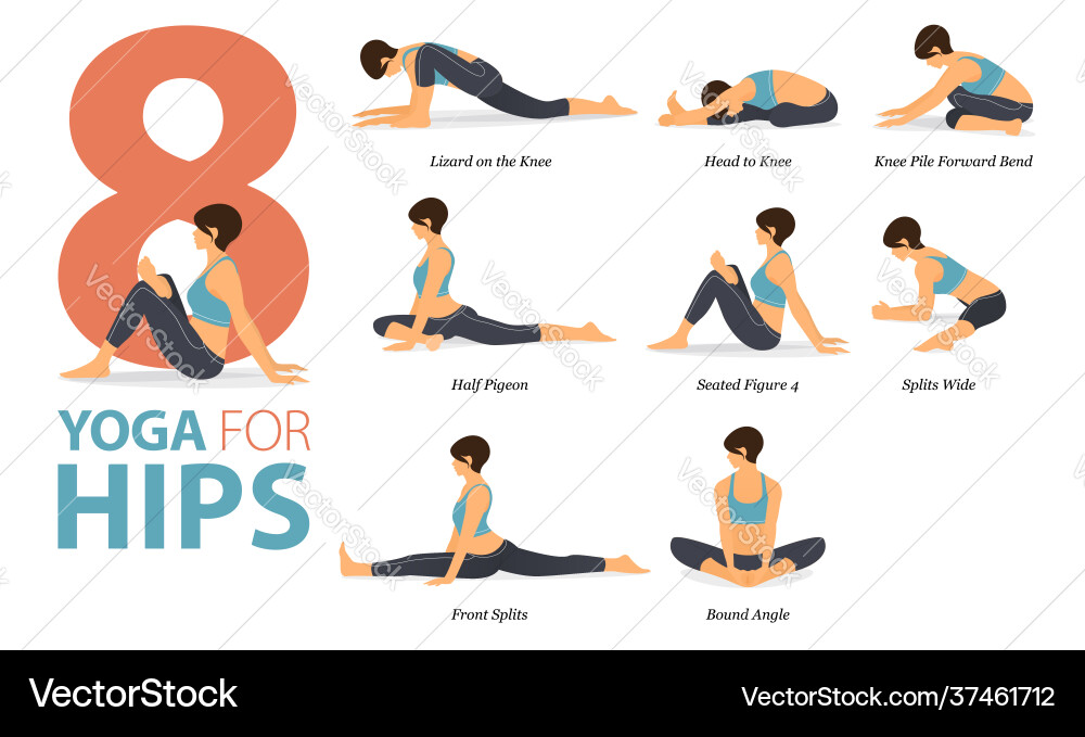 8 yoga poses for hips concept Royalty Free Vector Image