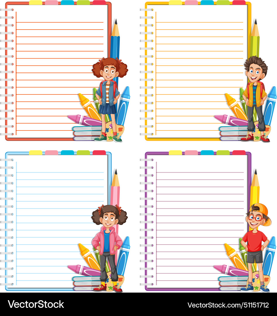Four children with vibrant notebook and pencil Vector Image