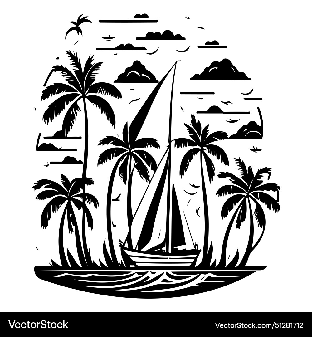 Sail and palm tree sketch Royalty Free Vector Image