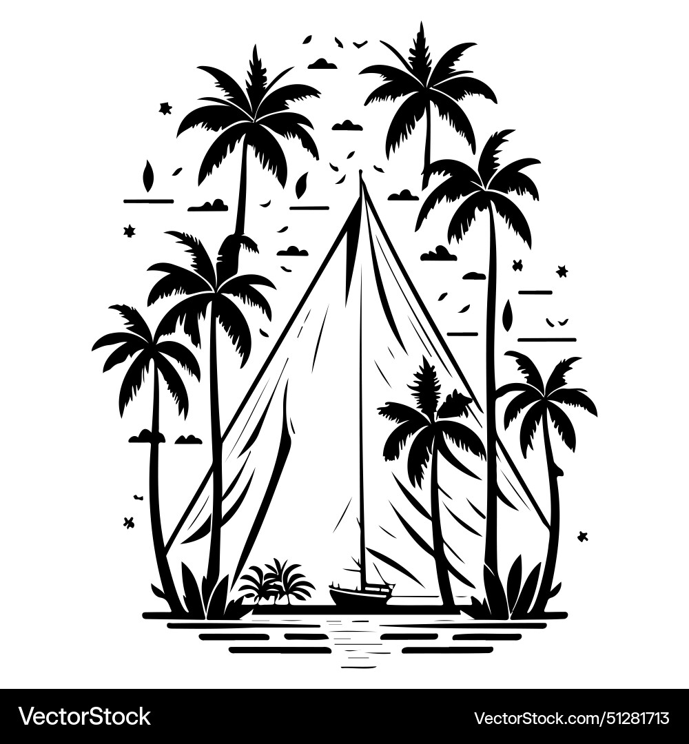 Sail and palm tree sketch Royalty Free Vector Image