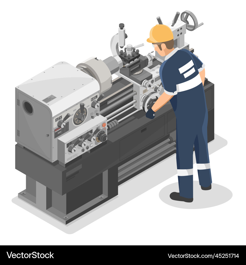 Technician work on heavy duty metal lathe machine Vector Image