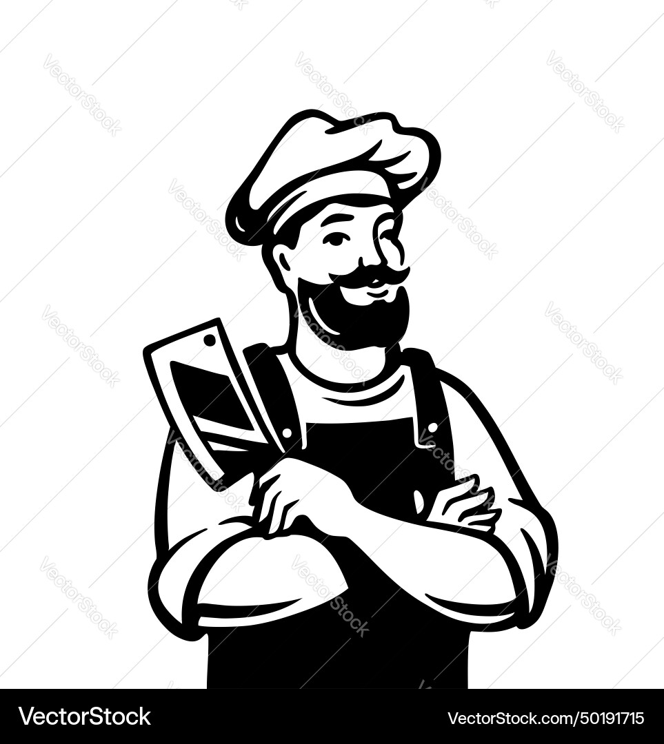 Butcher man with beard and large knife Royalty Free Vector