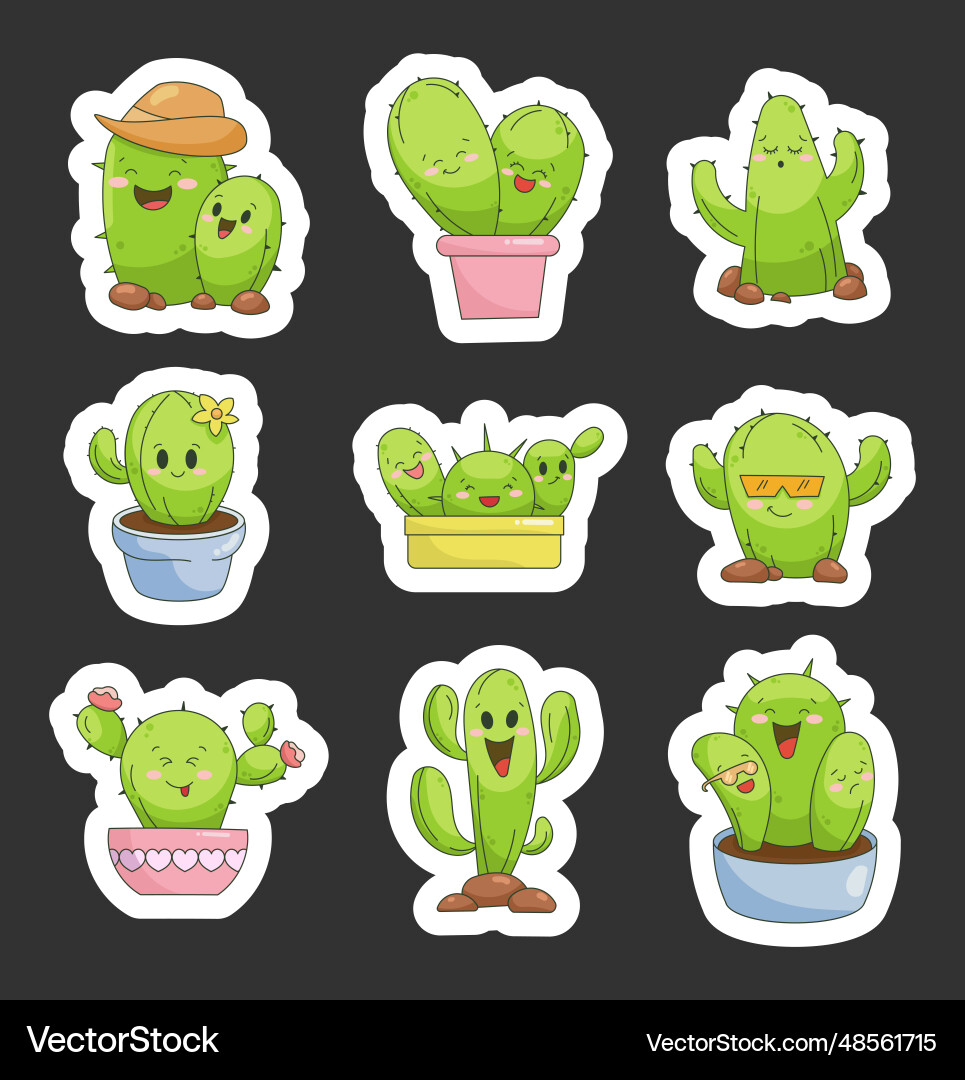 Cute cactus cartoon character sticker bookmark Vector Image