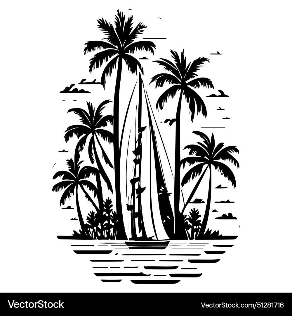 Sail and palm tree sketch Royalty Free Vector Image