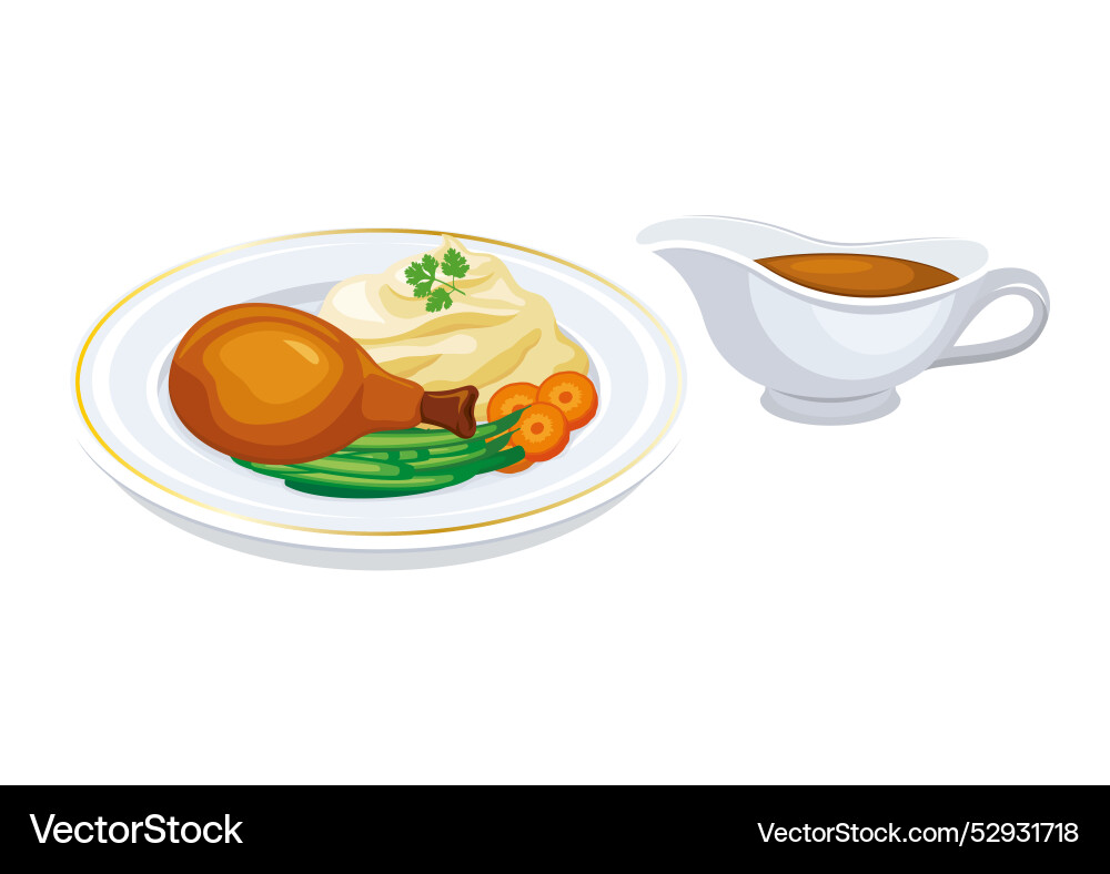 Chicken leg with mashed potatoes and gravy Vector Image