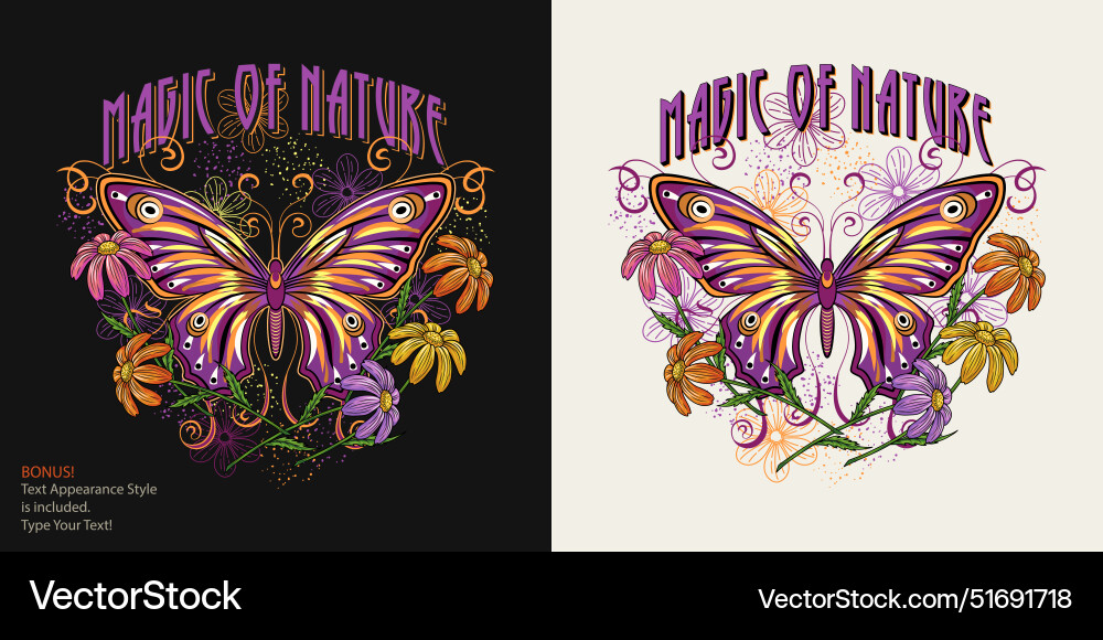 Mysterious label with butterfly chamomile text Vector Image