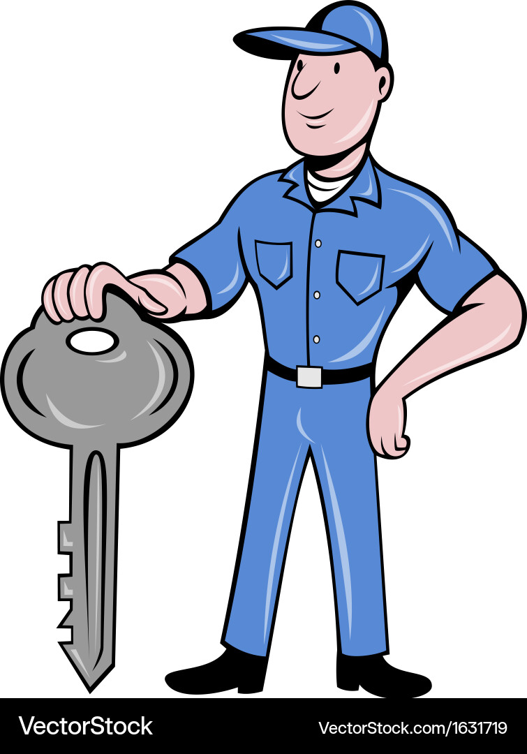 Locksmith Holding Key – Cartoon Illustration
