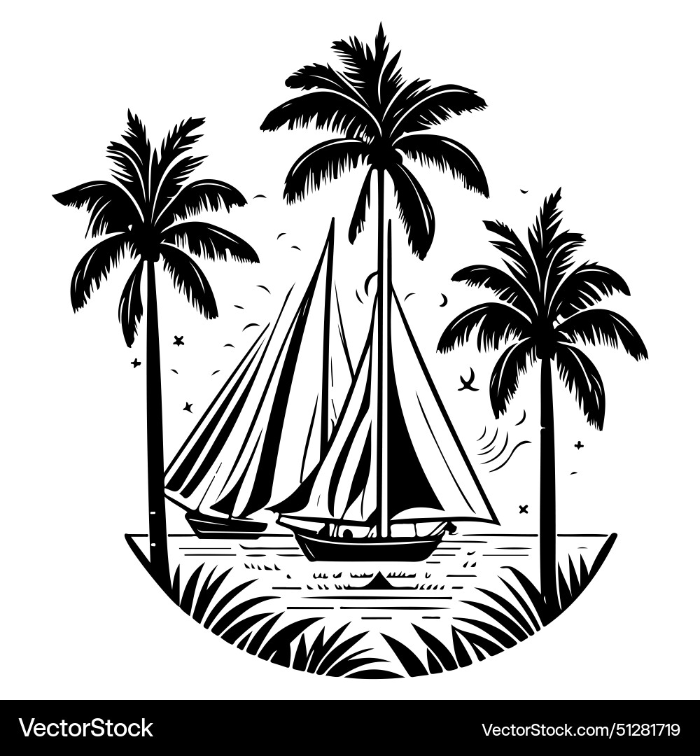 Sail and palm tree sketch Royalty Free Vector Image