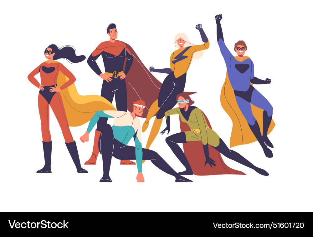 Group of six diverse superheroes in dynamic poses Vector Image