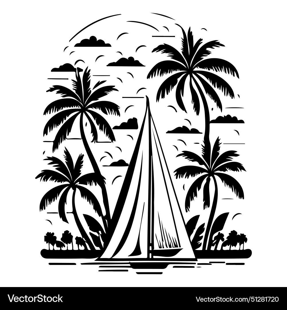 Sail and palm tree sketch Royalty Free Vector Image