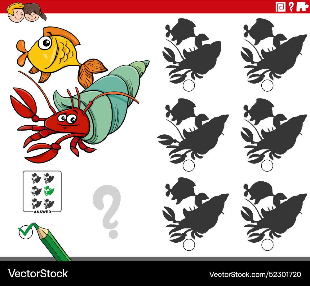 Shadow activity with cartoon hermit crab and fish Vector Image