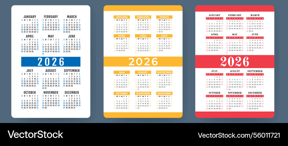 Calendar 2026 colorful set pocket calender Vector Image