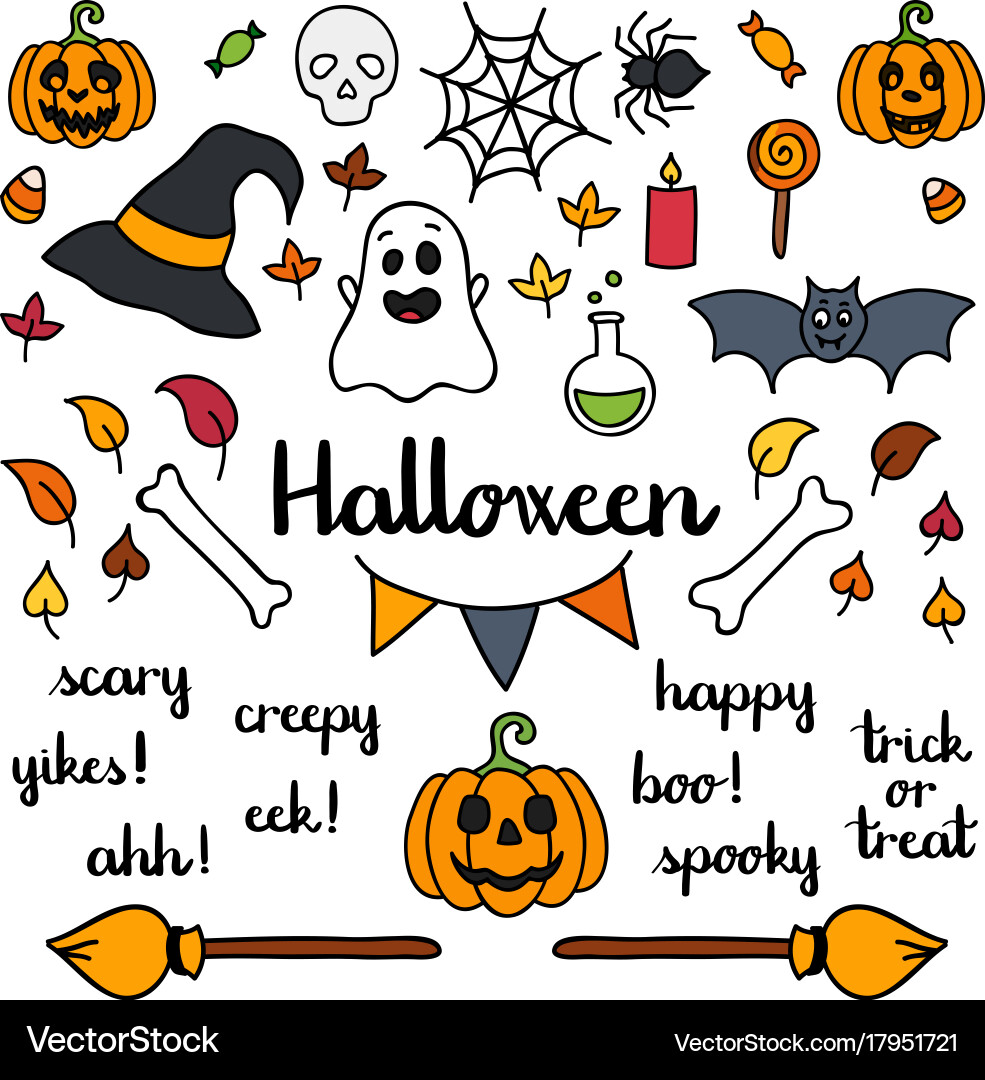 Halloween of things and words isolated doodle Vector Image