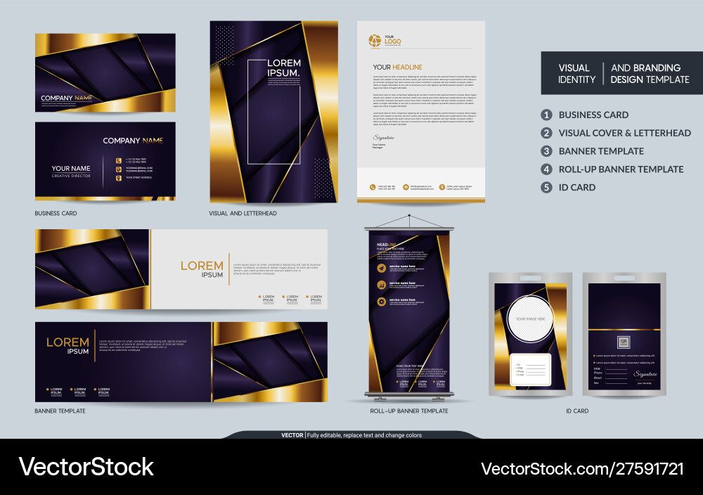 Luxury purple stationery mock up set and visual Vector Image