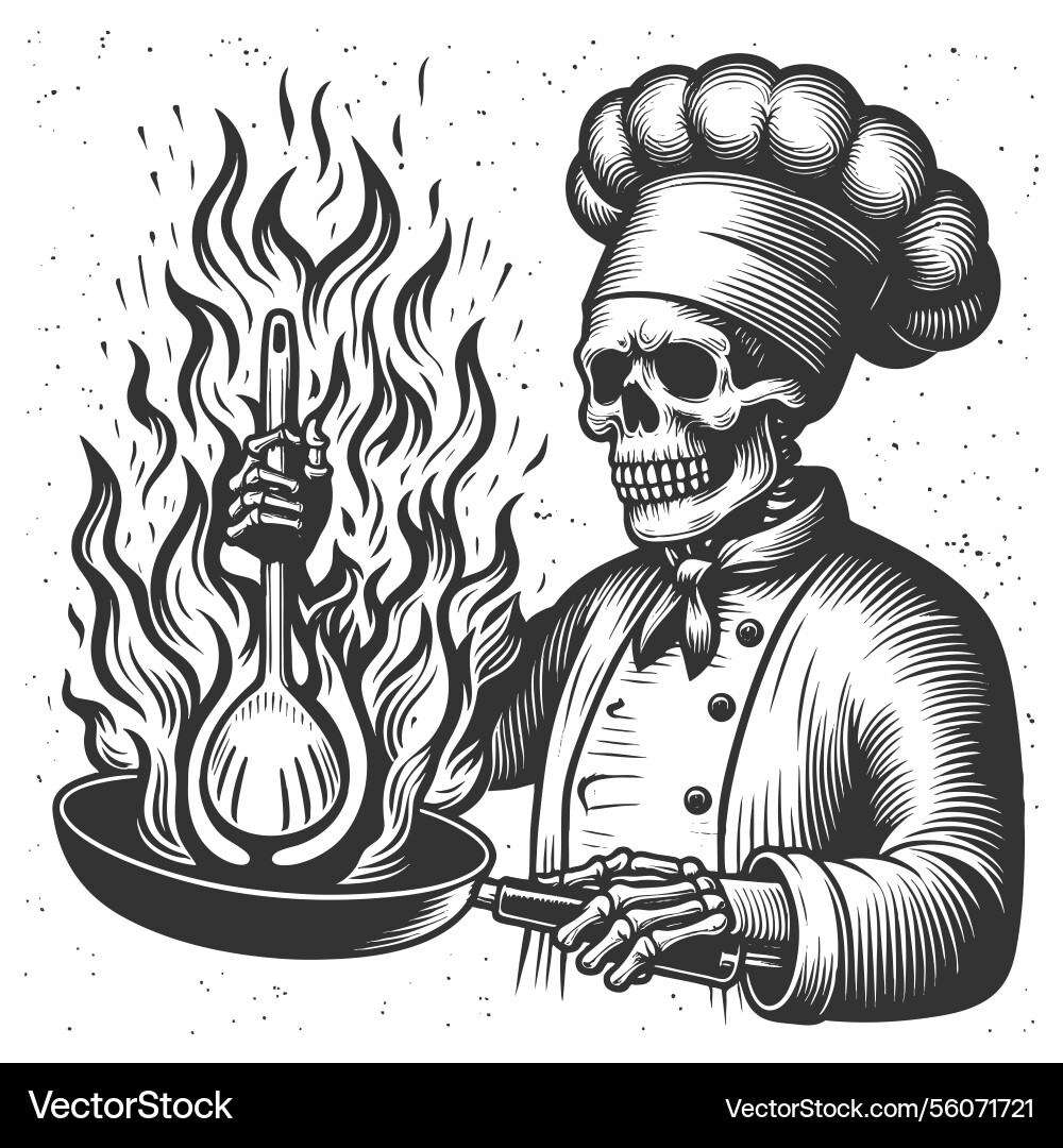 Skeleton chef holding fiery pan with wooden spoon Vector Image