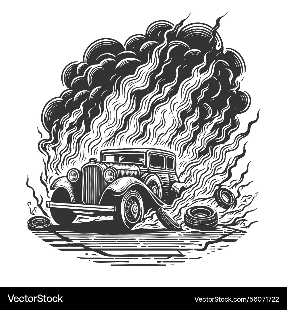 Car on fire racing down the road Royalty Free Vector Image