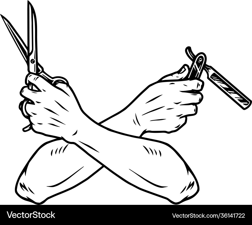 Crossed barber hands with scissors and razor Vector Image
