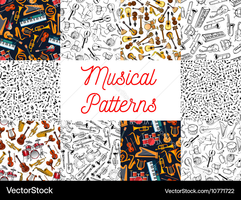 Musical instruments and notes pattern backgrounds Vector Image