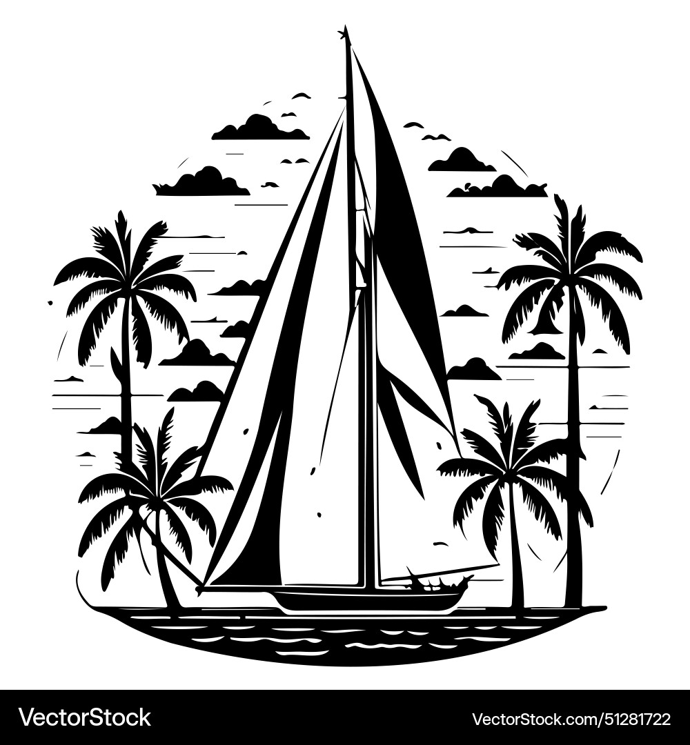Sail and palm tree sketch Royalty Free Vector Image